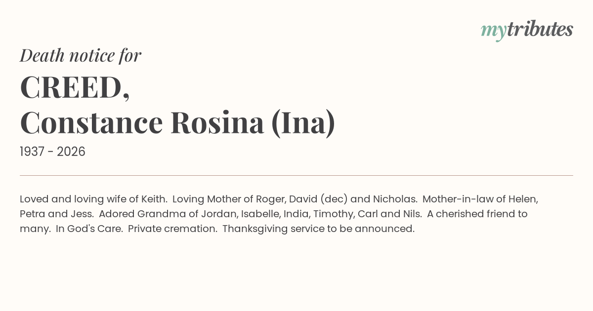 CREED, Constance Rosina (Ina) | Death Notices | Melbourne | The Advertiser