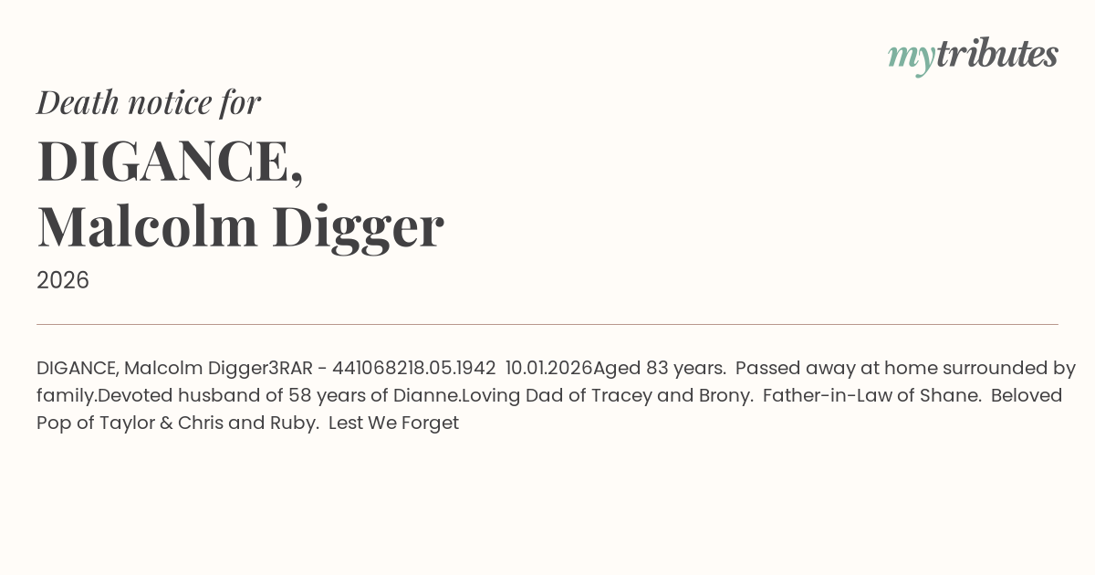 DIGANCE, Malcolm ‘Digger’ | Death Notices | Adelaide | The Advertiser