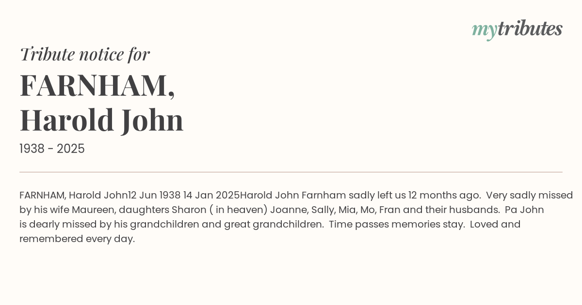 FARNHAM, Harold John | Tributes | Adelaide | The Advertiser