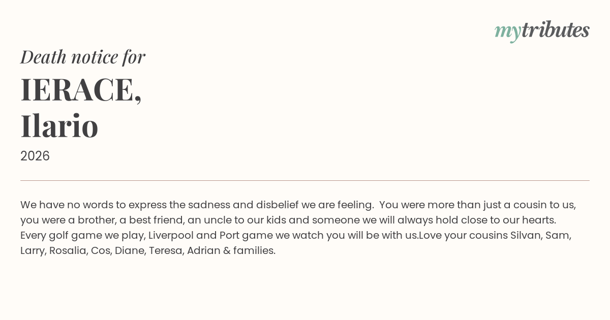 IERACE, Ilario | Death Notices | Adelaide | Weekly Times Now