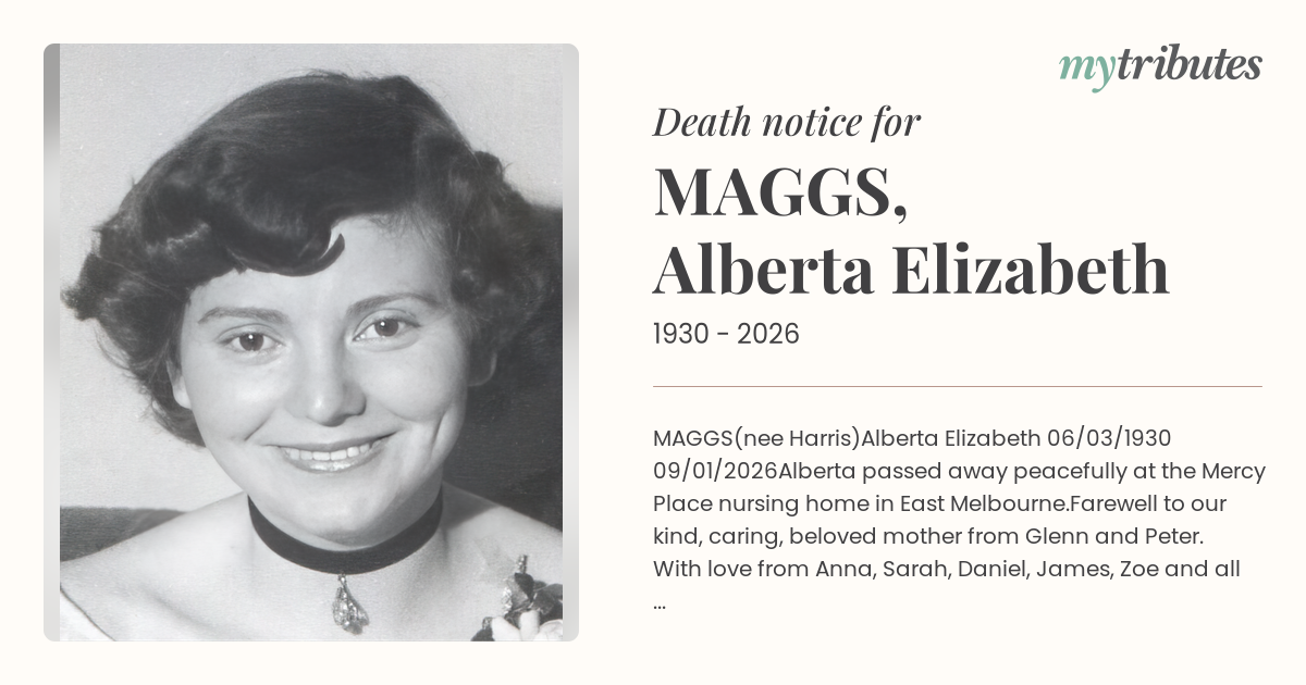 MAGGS, Alberta Elizabeth | Death Notices | Melbourne | Weekly Times Now