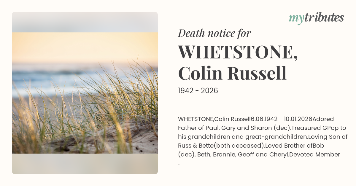 WHETSTONE, Colin Russell | Death Notices | Adelaide | My Tributes