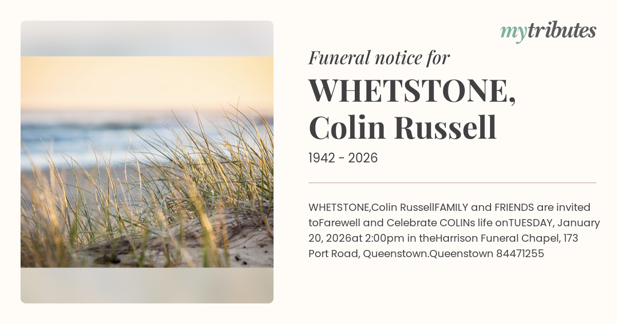 WHETSTONE, Colin Russell | Funeral Notices | Adelaide | My Tributes