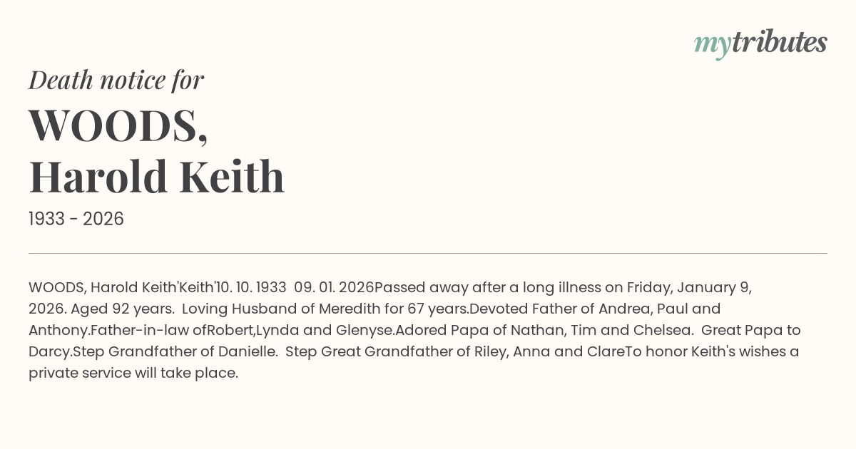 WOODS, Harold Keith | Death Notices | Adelaide | My Tributes