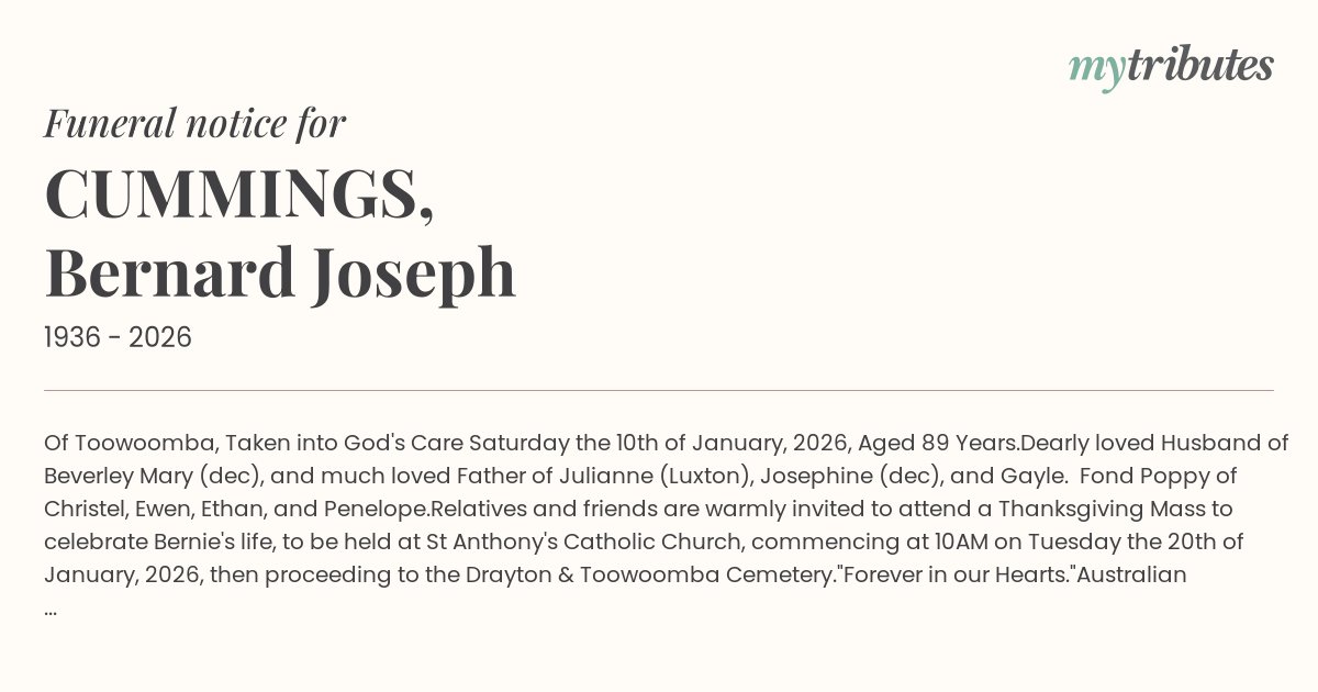 CUMMINGS, Bernard Joseph | Funeral Notices | Toowoomba / Gatton | My ...