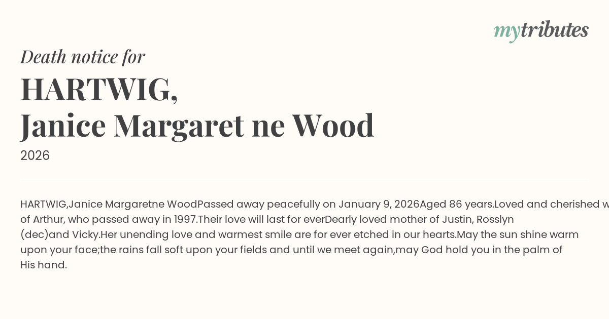 HARTWIG, Janice Margaret née Wood | Death Notices | Adelaide | The ...