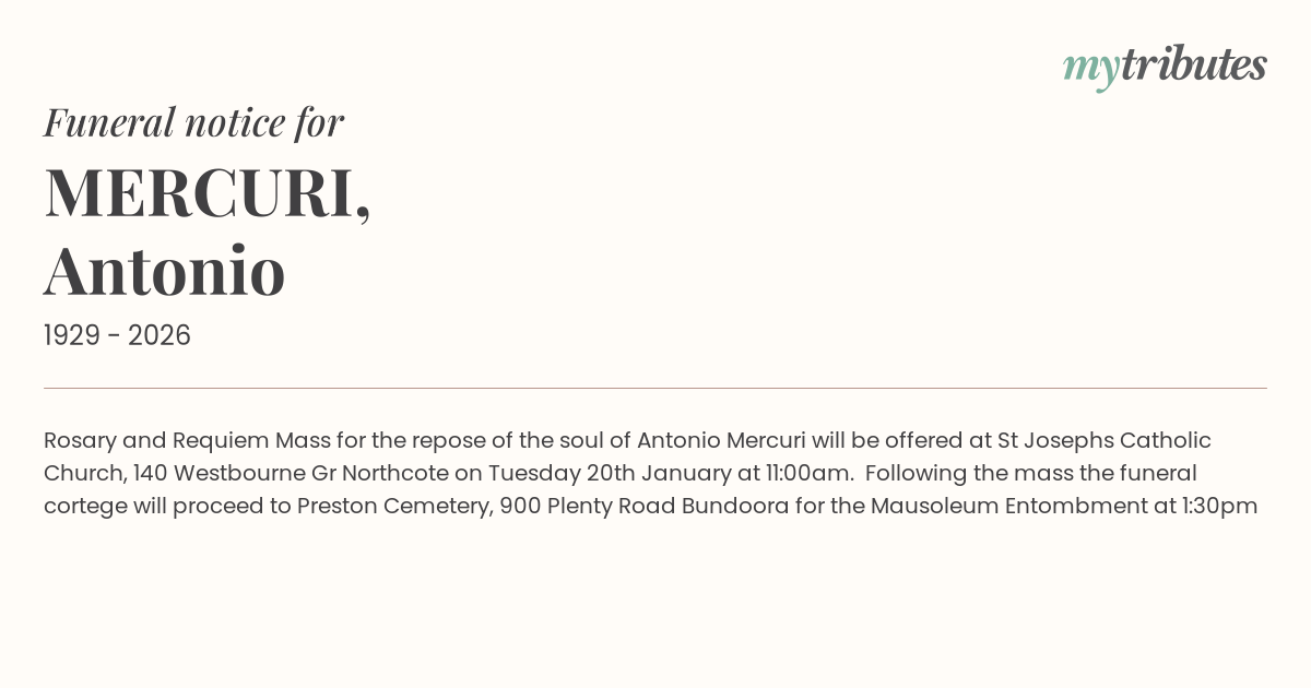 MERCURI, Antonio | Funeral Notices | Melbourne | My Tributes