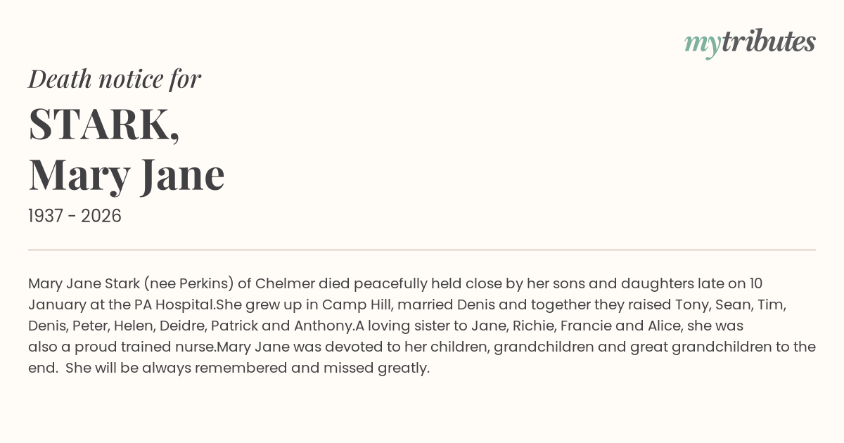 STARK, Mary Jane | Death Notices | Brisbane | Weekly Times Now