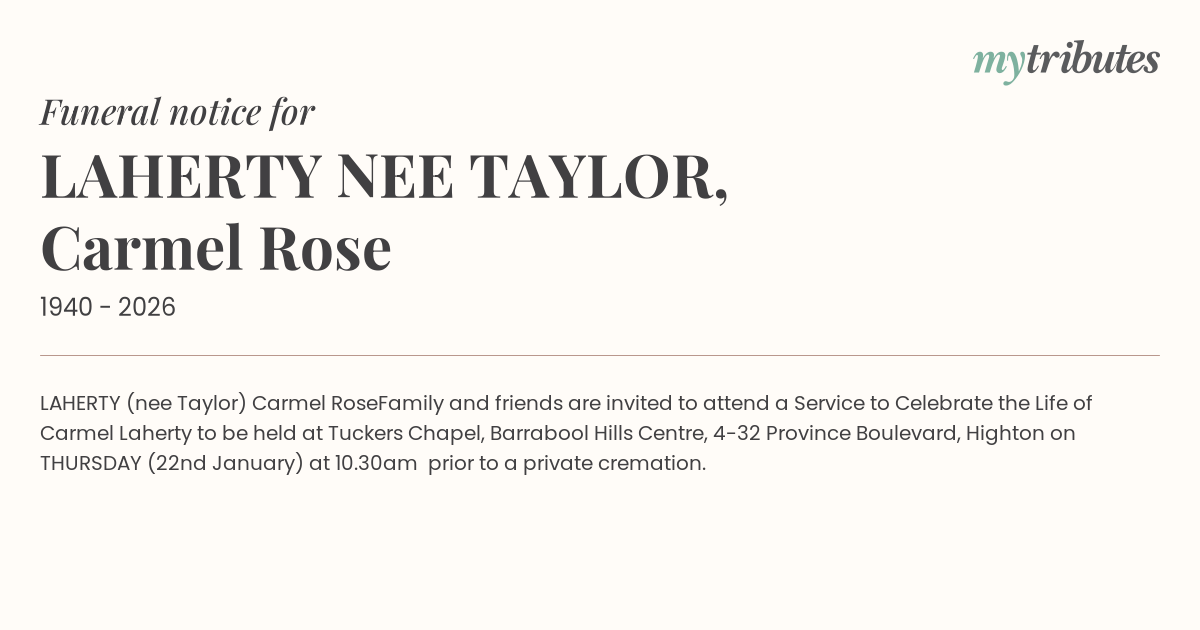 LAHERTY NEE TAYLOR, Carmel Rose | Funeral Notices | Geelong | Geelong ...