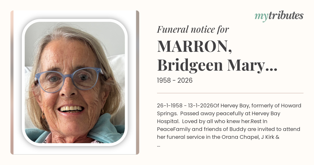MARRON, Bridgeen Mary (Buddy) | Funeral Notices | Darwin | My Tributes