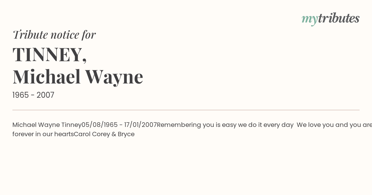 TINNEY, Michael Wayne | Tributes | Cairns | Geelong Advertiser