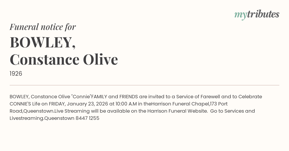BOWLEY, Constance Olive | Funeral Notices | Adelaide | My Tributes