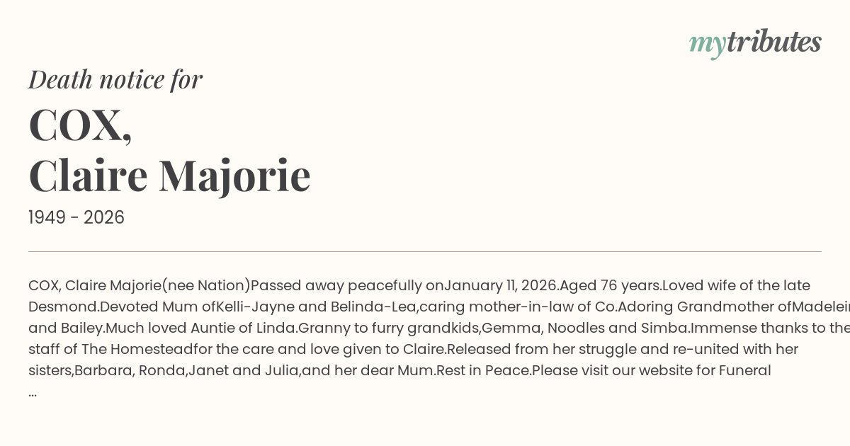 COX, Claire Majorie | Death Notices | Adelaide | The Advertiser