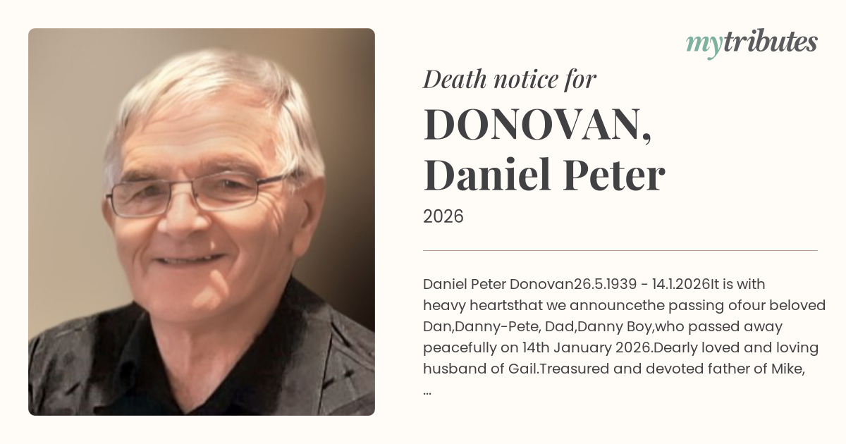 DONOVAN, Daniel Peter | Death Notices | Adelaide | My Tributes