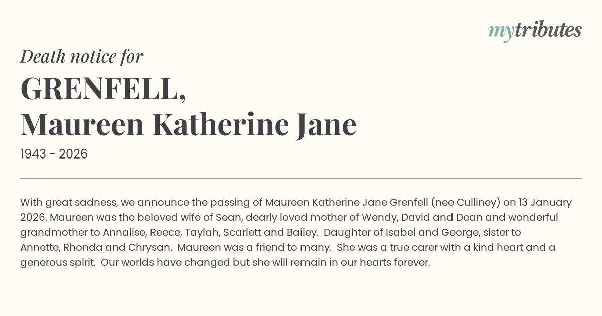 GRENFELL, Maureen Katherine Jane | Death Notices | Melbourne | My Tributes