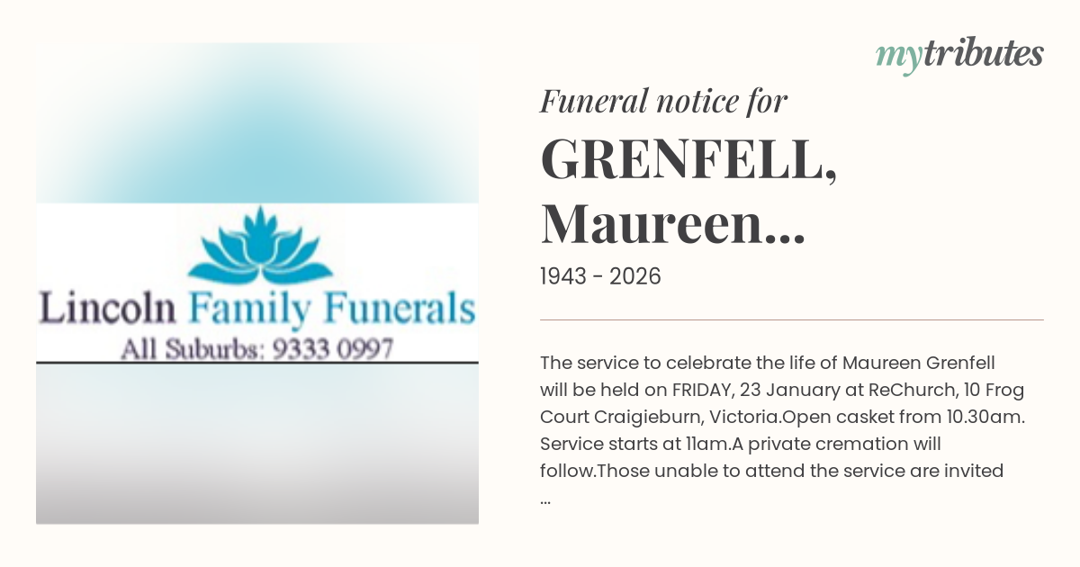 GRENFELL, Maureen Katherine Jane | Funeral Notices | Melbourne ...
