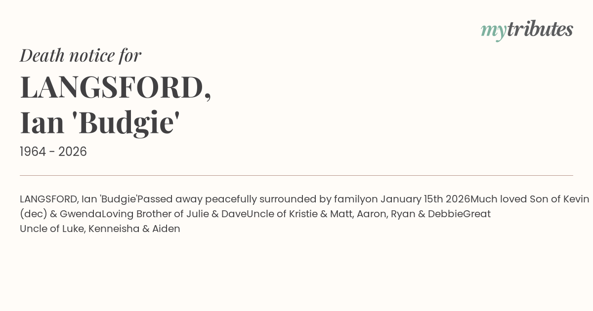 LANGSFORD, Ian 'Budgie' | Death Notices | Adelaide | My Tributes