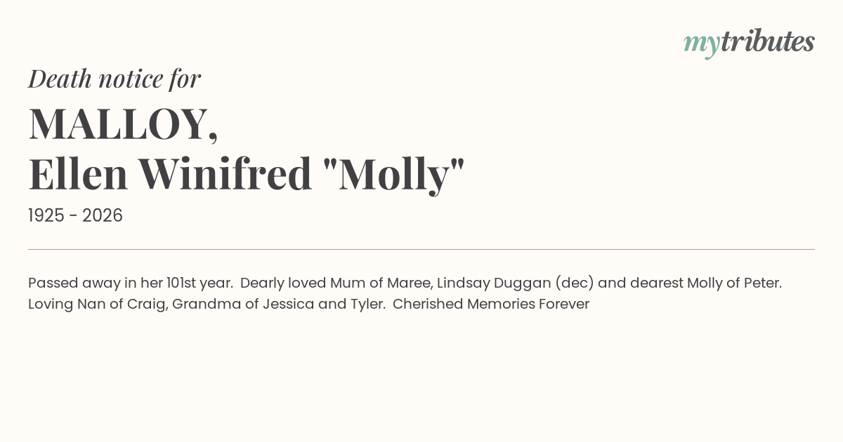 MALLOY, Ellen Winifred "Molly" | Death Notices | Tasmania | My Tributes