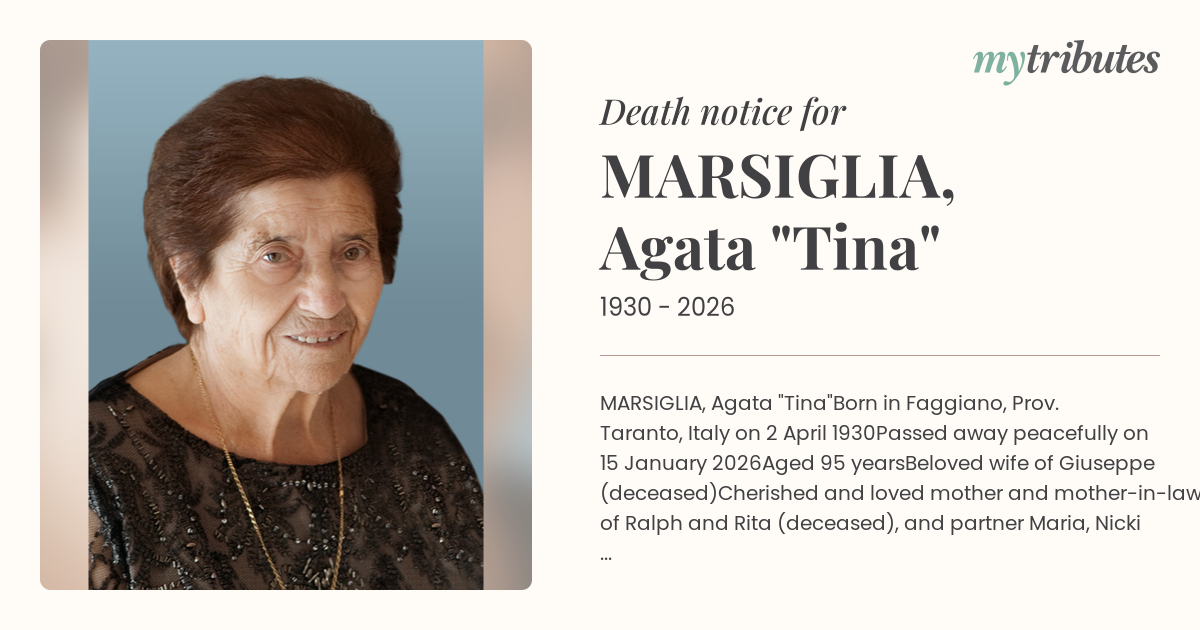 MARSIGLIA, Agata "Tina" | Death Notices | Adelaide | My Tributes