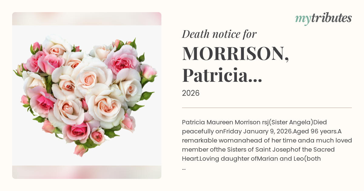 MORRISON, Patricia Maureen (Sister Angela) rsj | Death Notices ...