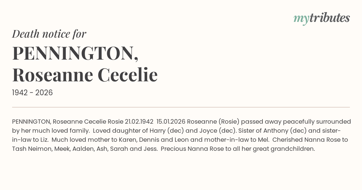 PENNINGTON, Roseanne Cecelie | Death Notices | Tasmania | The Advertiser