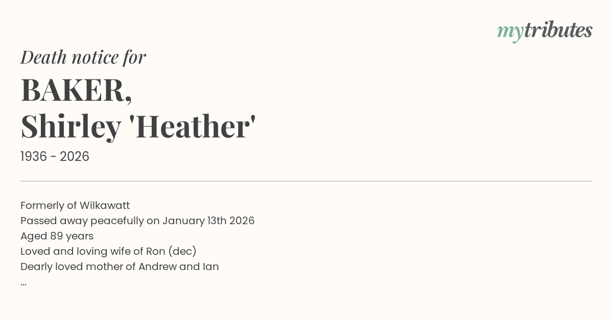 BAKER, Shirley 'Heather' | Death Notices | Adelaide | The Cairns Post