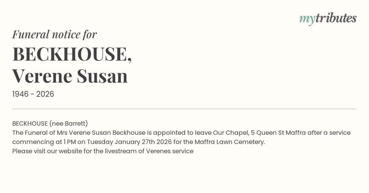 BECKHOUSE, Verene Susan | Funeral Notices | Melbourne | The Advertiser