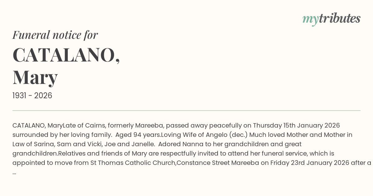 CATALANO, Mary | Funeral Notices | Cairns | The Advertiser