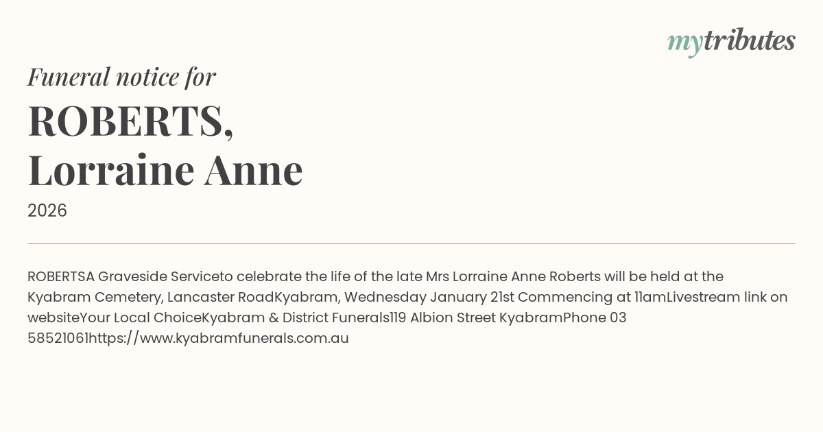 ROBERTS, Lorraine Anne | Funeral Notices | Melbourne | Townsville Bulletin