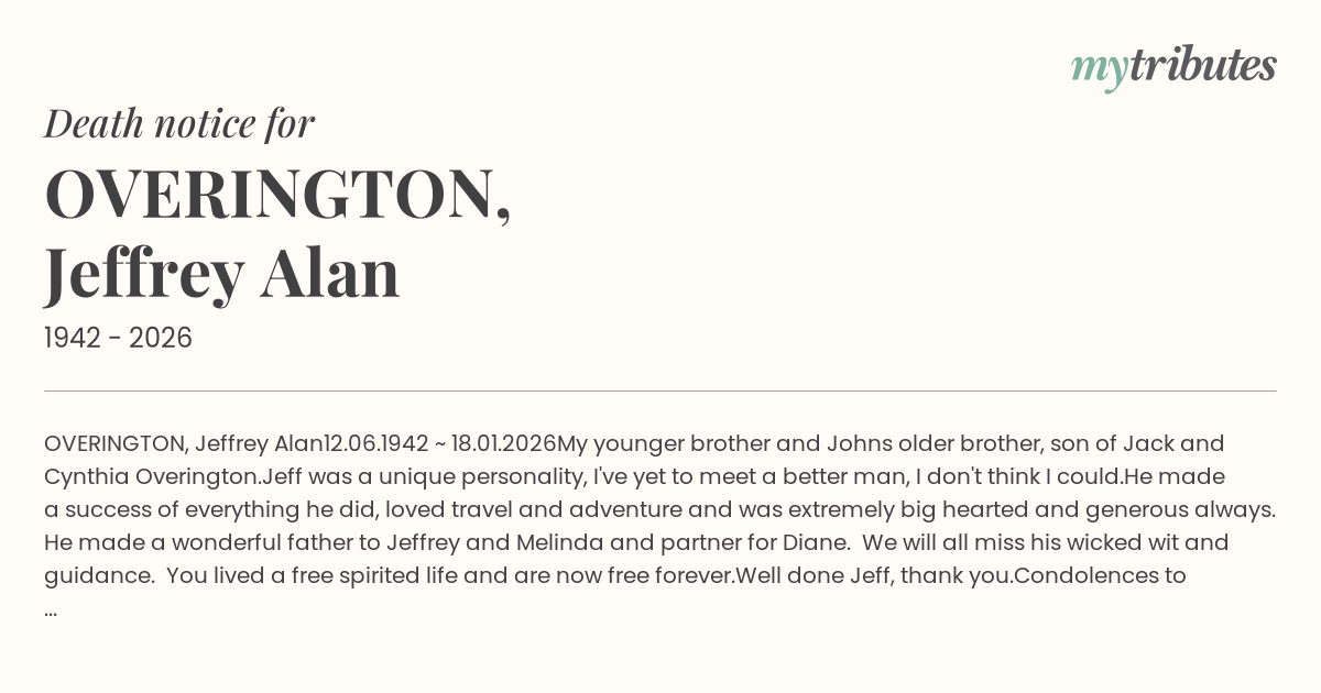 OVERINGTON, Jeffrey Alan | Death Notices | Melbourne | My Tributes
