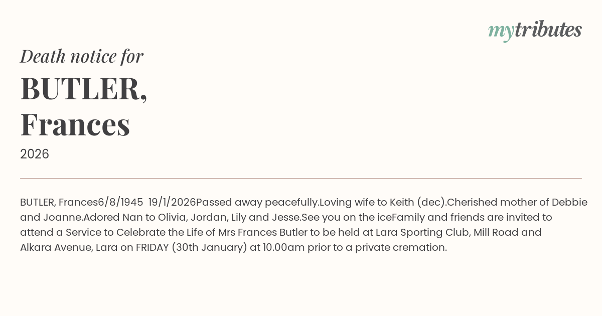 BUTLER, Frances | Death Notices | Geelong | The Mercury