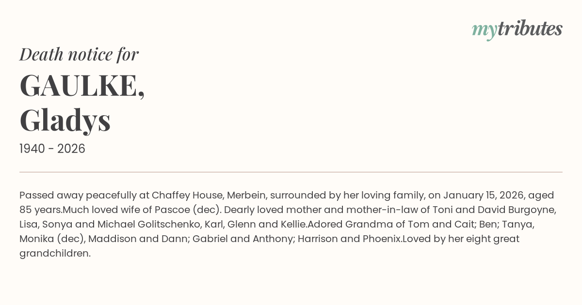 GAULKE, Gladys | Death Notices | Melbourne | The Advertiser