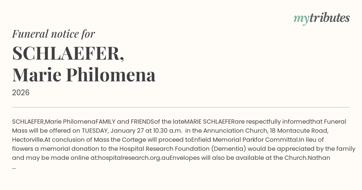 SCHLAEFER, Marie Philomena | Funeral Notices | Adelaide | Weekly Times Now