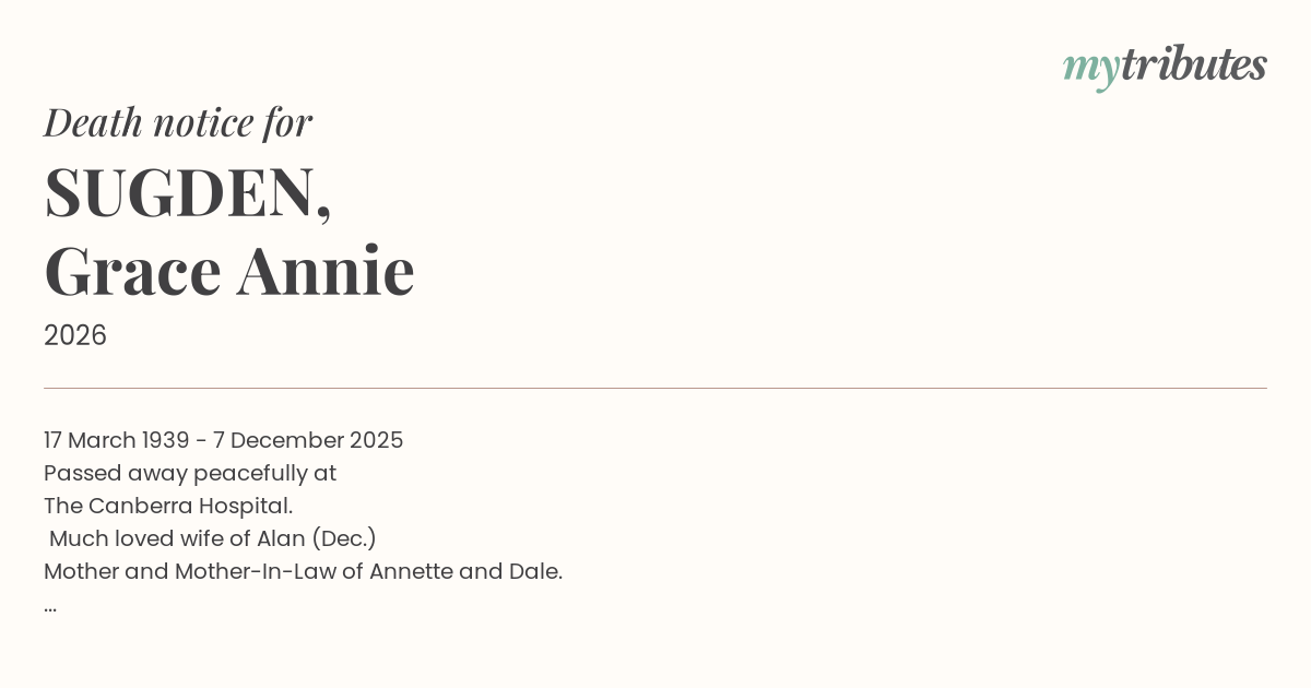 SUGDEN, Grace Annie | Death Notices | Brisbane | My Tributes