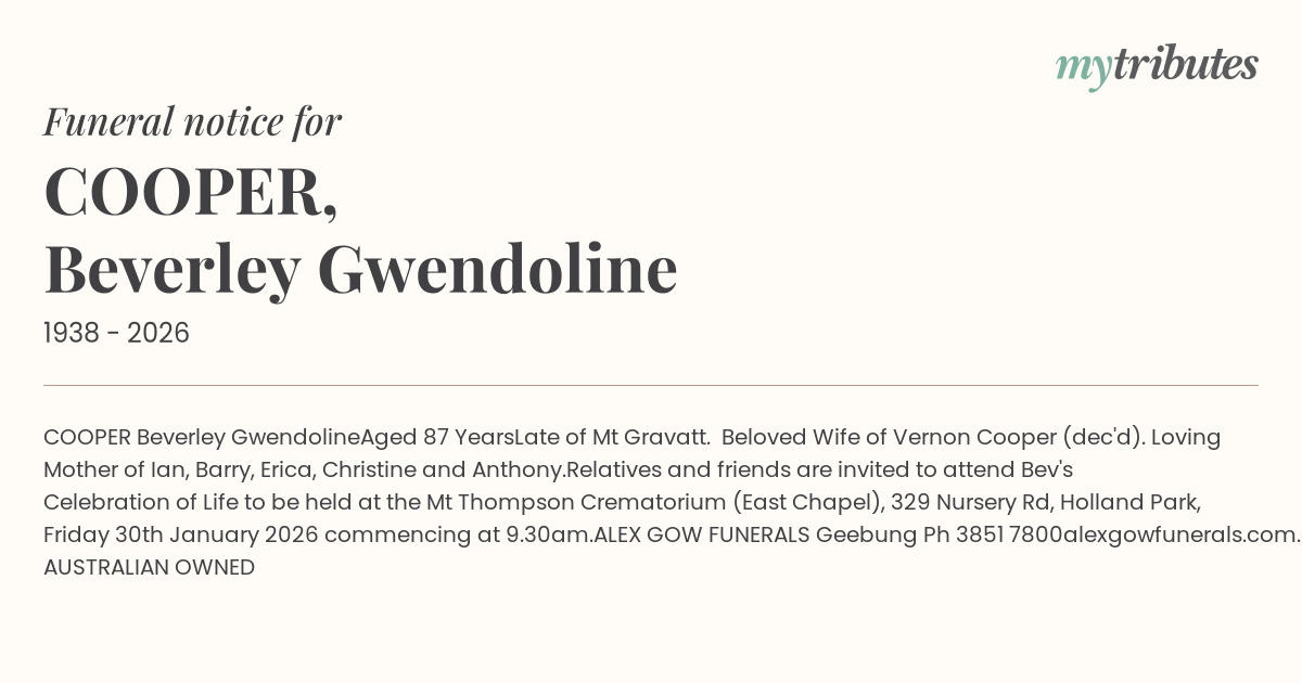 COOPER, Beverley Gwendoline | Funeral Notices | Brisbane | Weekly Times Now