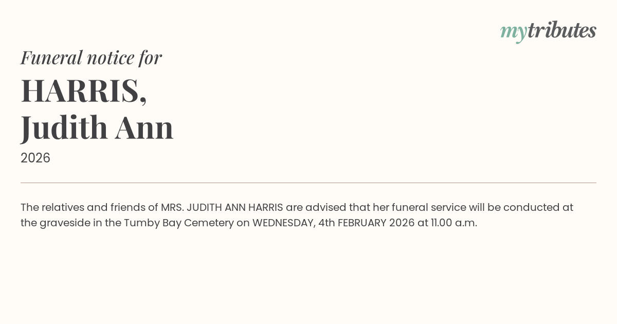 HARRIS, Judith Ann | Funeral Notices | Adelaide | My Tributes