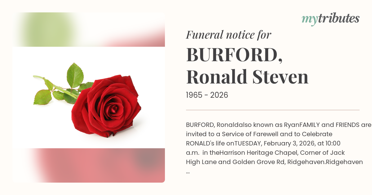 BURFORD, Ronald Steven | Funeral Notices | Adelaide | My Tributes